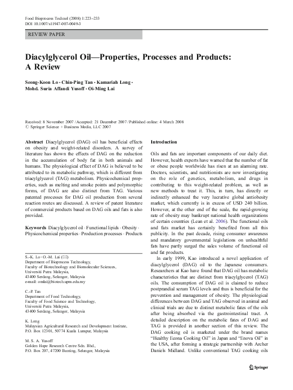 (PDF) Diacylglycerol Oil—Properties, Processes and Products: A Review