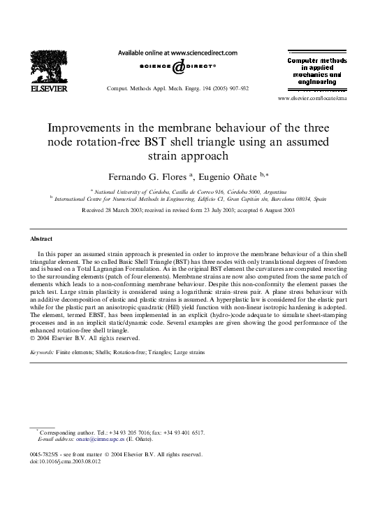 (PDF) Improvements in the membrane behaviour of the three node rotation-free BST shell triangle ...