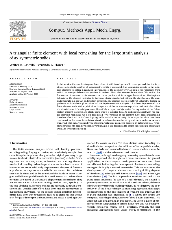 Pdf A Triangular Finite Element With Local Remeshing For The Large