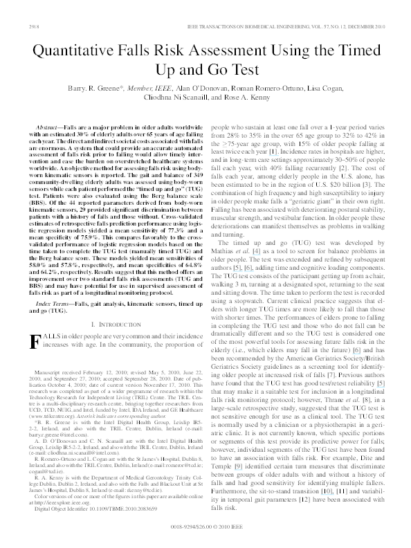 (PDF) Quantitative falls risk assessment using the timed up and go test