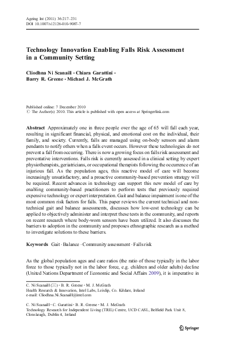 (PDF) Technology Innovation Enabling Falls Risk Assessment in a ...