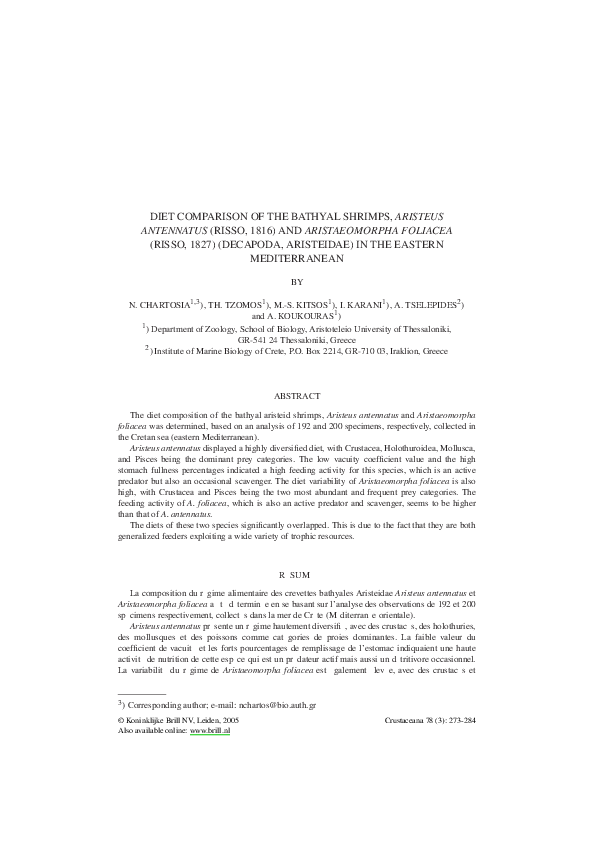 (PDF) Diet comparison of the bathyal shrimps, Aristeus antennatus ...