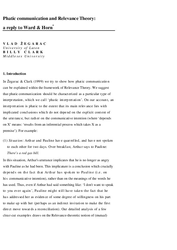 (PDF) Phatic communication and Relevance Theory: a reply to Žegarac & Clark