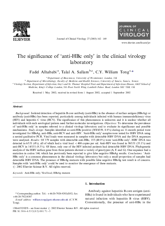 (PDF) The significance of ‘anti-HBc only’ in the clinical virology ...