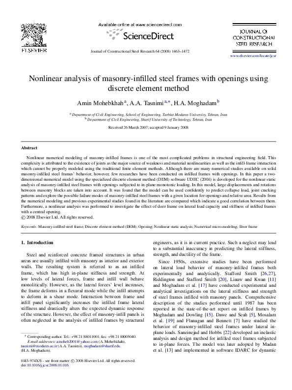 (PDF) Nonlinear analysis of masonry-infilled steel frames with openings using discrete element ...