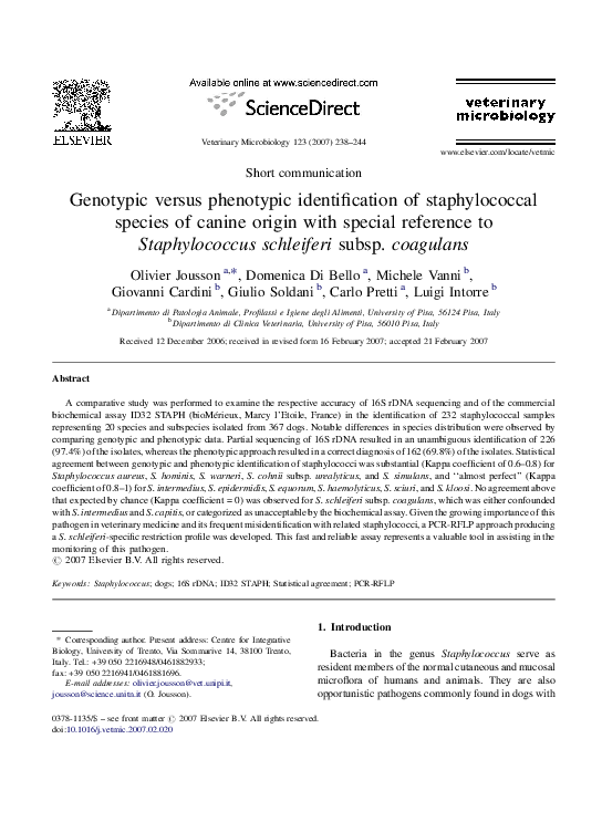 (PDF) Genotypic versus phenotypic identification of staphylococcal species of canine origin with ...