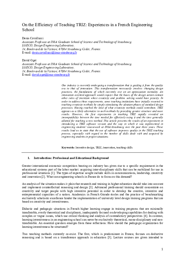 (PDF) On the Efficiency of Teaching TRIZ: Experiences in a French ...