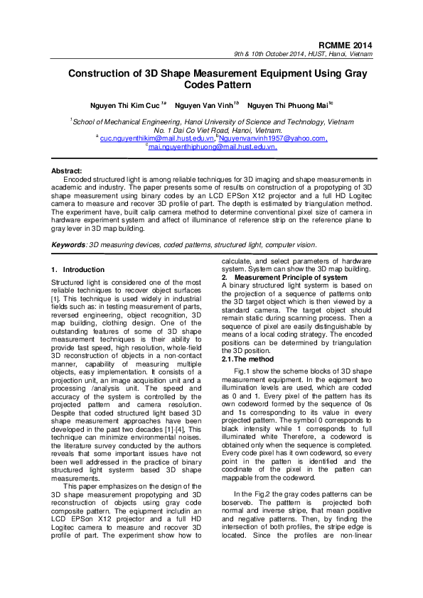 (PDF) Construction of 3D Shape Measurement Equipment Using Gray Codes Pattern | kim cuc and ...
