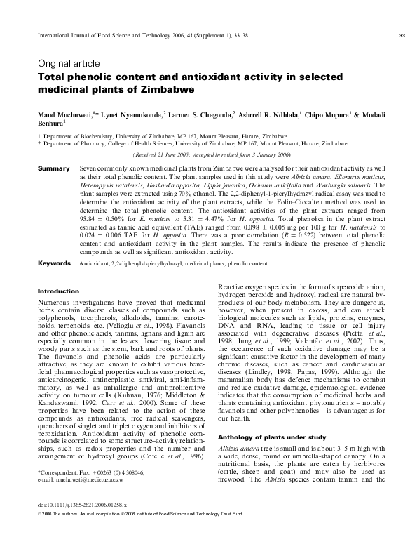 (PDF) Total phenolic content and antioxidant activity in selected medicinal plants of Zimbabwe