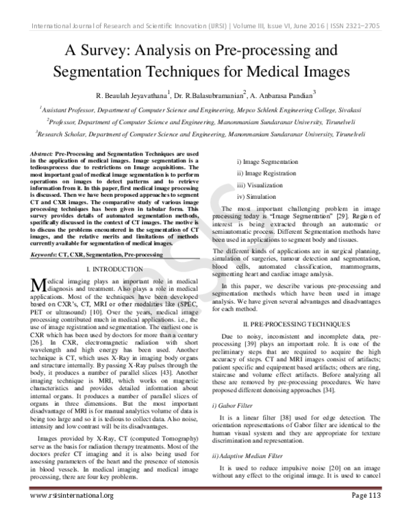 (PDF) A Survey: Analysis on Pre-processing and Segmentation Techniques for Medical Images