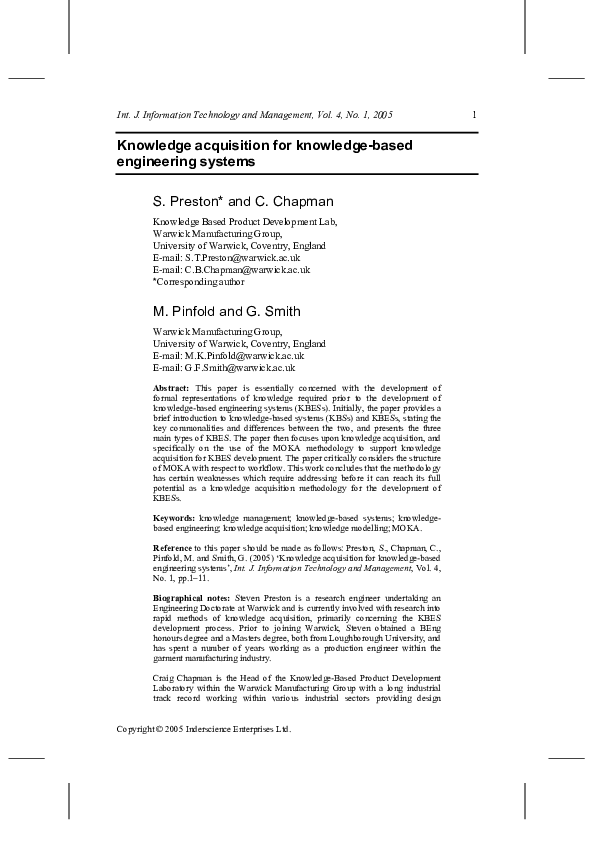 Pdf Knowledge Acquisition For Knowledge Based Engineering Systems