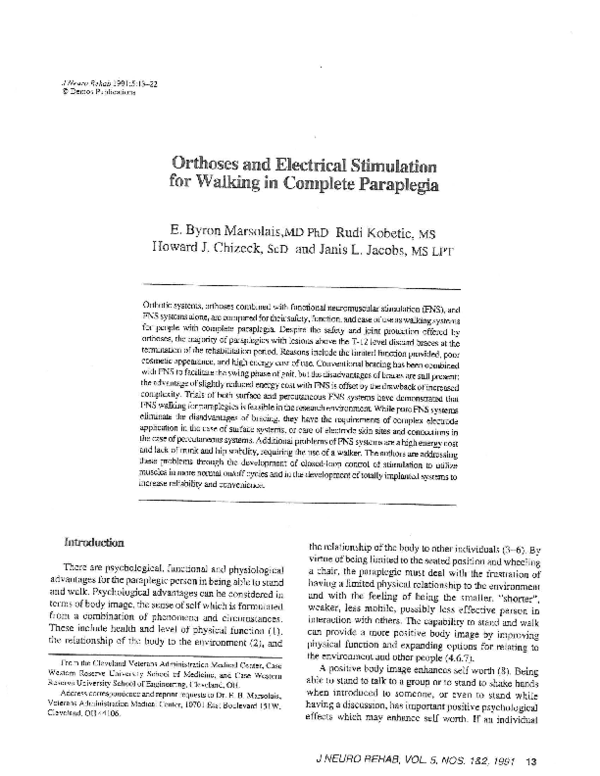 (PDF) Orthoses and Electrical Stimulation for Walking in Complete ...