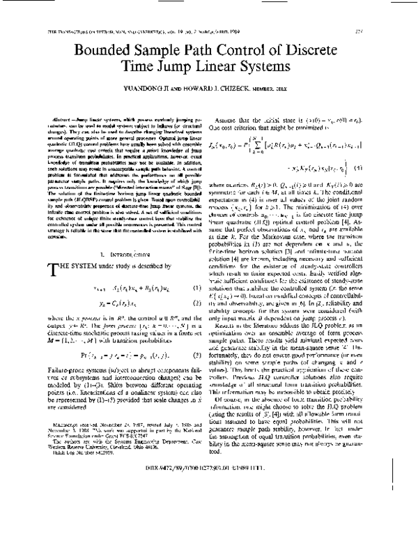 (PDF) Bounded sample path control of discrete time jump linear systems