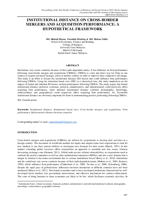 (PDF) Institutional distance on cross-border mergers and acquisition ...