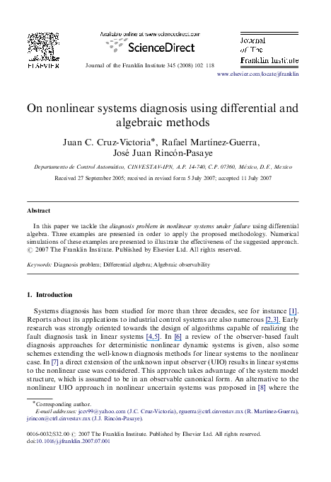 (PDF) Diagnosing Nonlinear Systems via Algebraic Methods