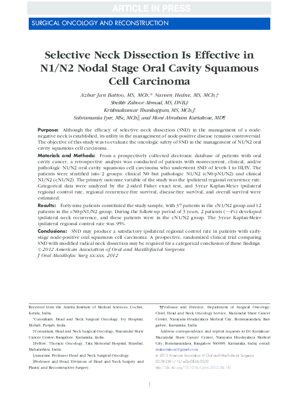 (PDF) Selective Neck Dissection Is Effective in N1/N2 Nodal Stage Oral ...