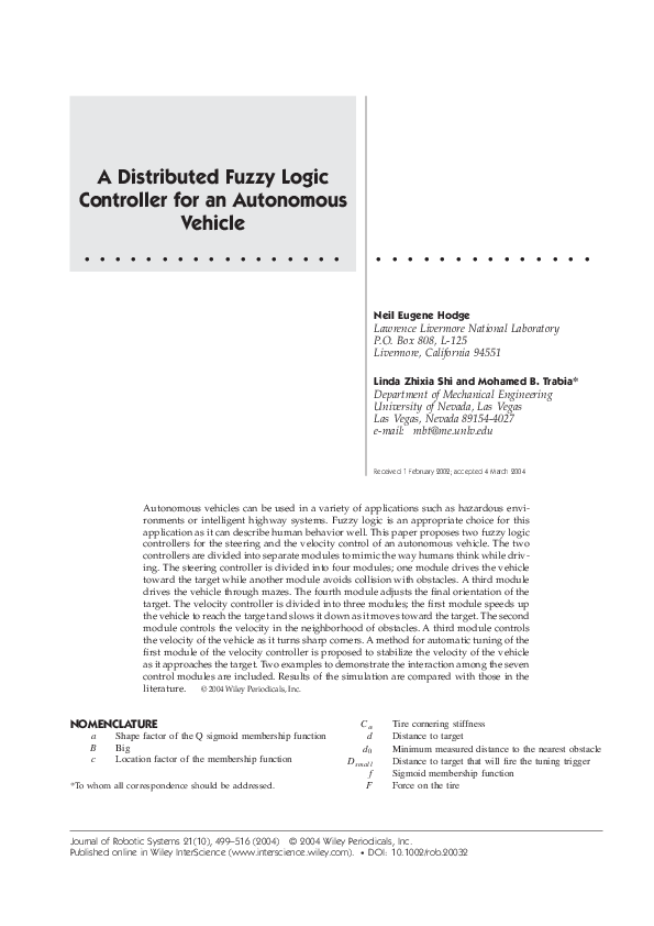 (PDF) A distributed fuzzy logic controller for an autonomous vehicle