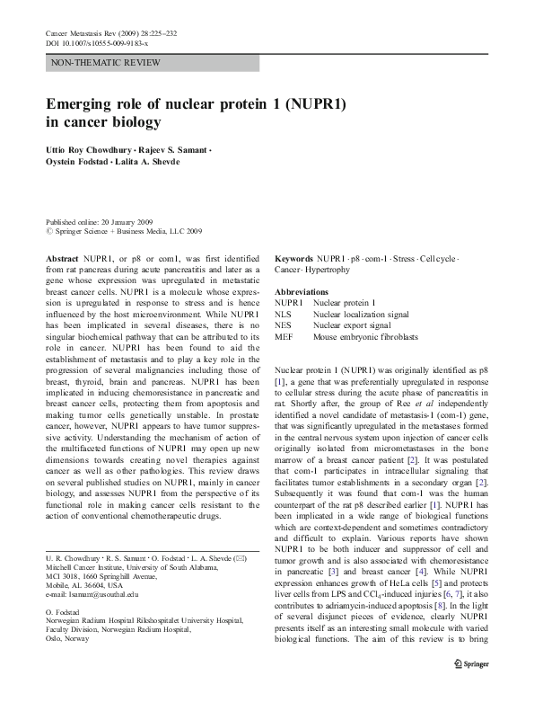 (PDF) Emerging role of nuclear protein 1 (NUPR1) in cancer biology