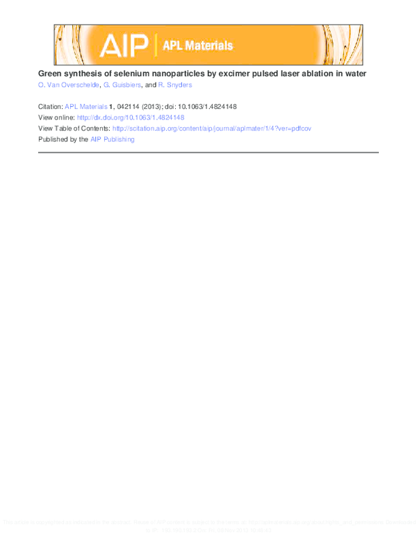 (PDF) Green synthesis of selenium nanoparticles by excimer pulsed laser ablation in water