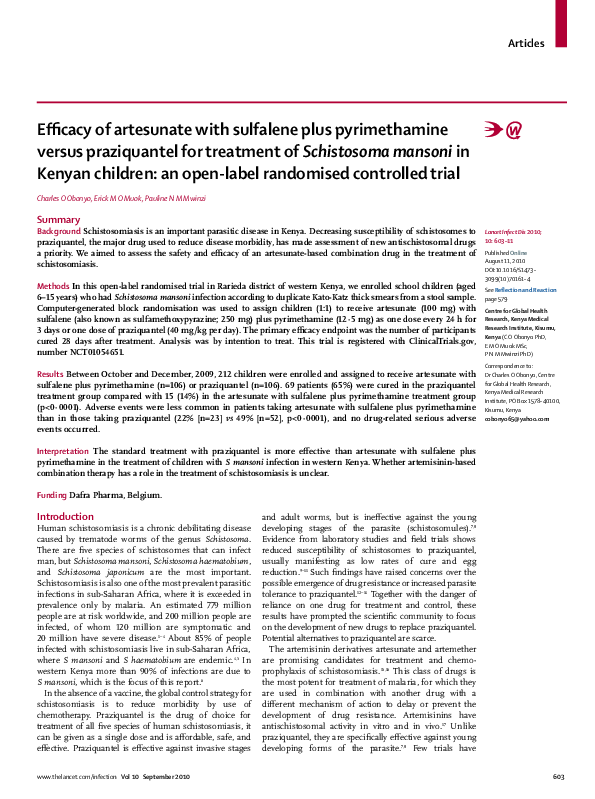 (PDF) Efficacy of artesunate with sulfalene plus pyrimethamine versus ...