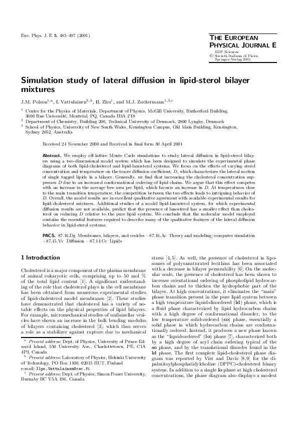 (PDF) Simulation study of lateral diffusion in lipid-sterol bilayer ...
