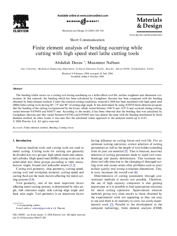 Pdf Finite Element Analysis Of Bending Occurring While Cutting With High Speed Steel Lathe