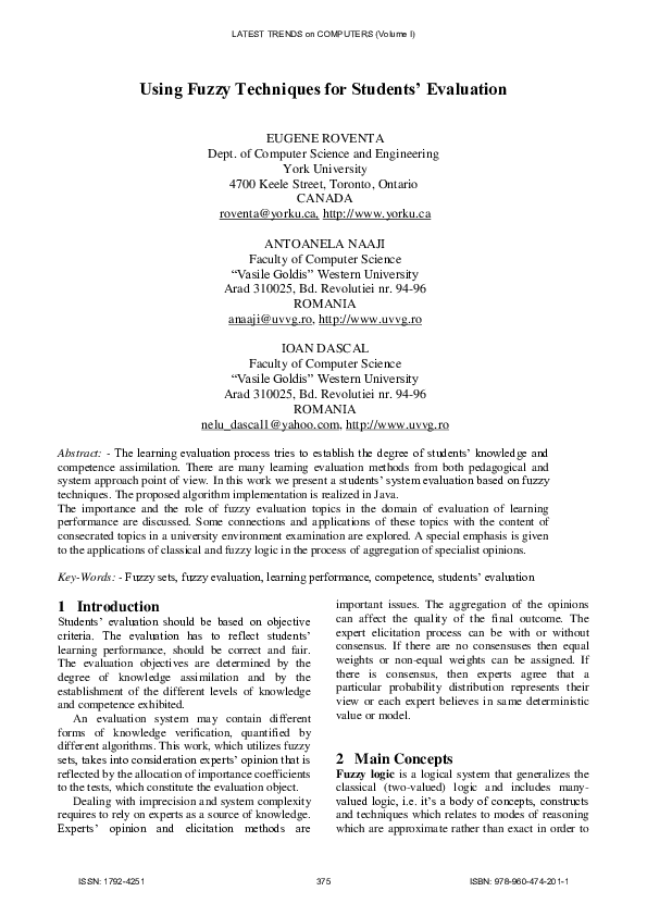 (PDF) Using Fuzzy Techniques for Students' Evaluation