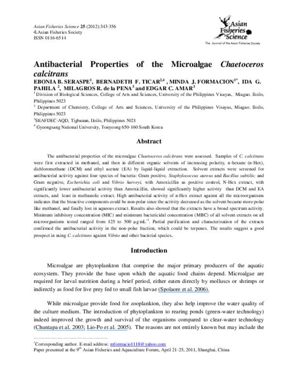 (PDF) Antibacterial properties of the microalgae Chaetoceros calcitrans