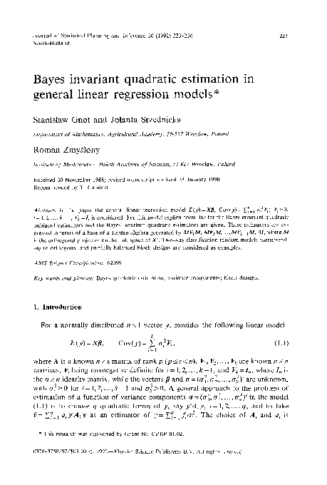 Pdf Bayes Invariant Quadratic Estimation In General Linear Regression Models