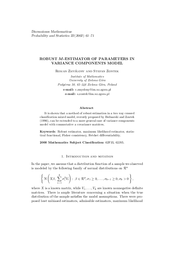 (PDF) Robust M-estimator of parameters in variance components model