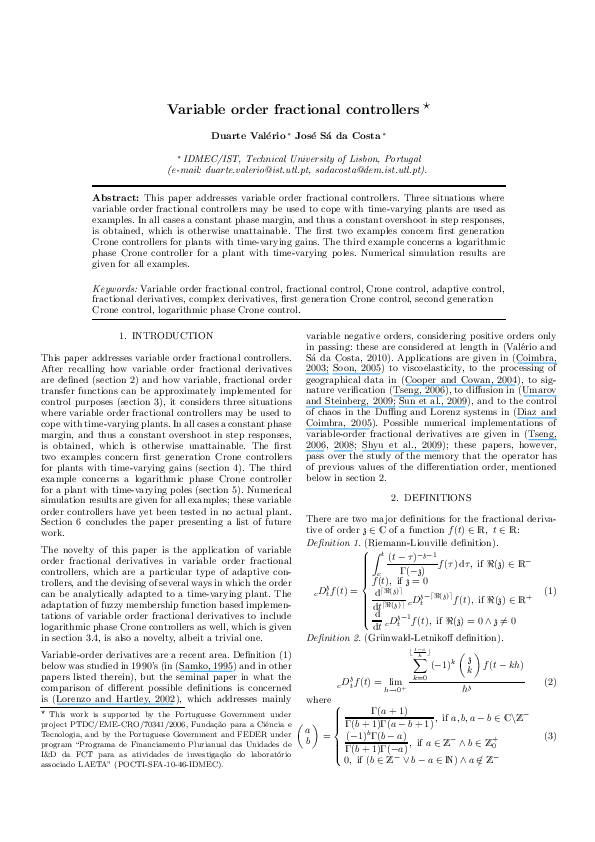 Pdf Variable Order Fractional Controllers