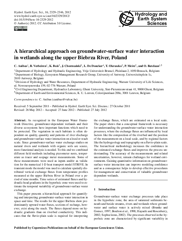 (PDF) A hierarchical approach on groundwater-surface water interaction in wetlands along the ...