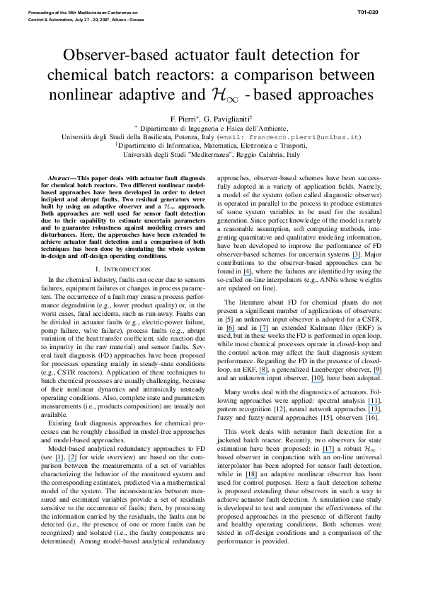Pdf Observer Based Actuator Fault Detection For Chemical Batch