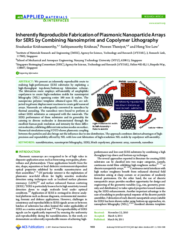 (PDF) Inherently Reproducible Fabrication of Plasmonic Nanoparticle Arrays for SERS by Combining ...