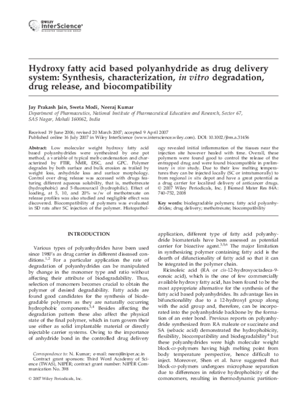 (PDF) Hydroxy fatty acid based polyanhydride as drug delivery system ...