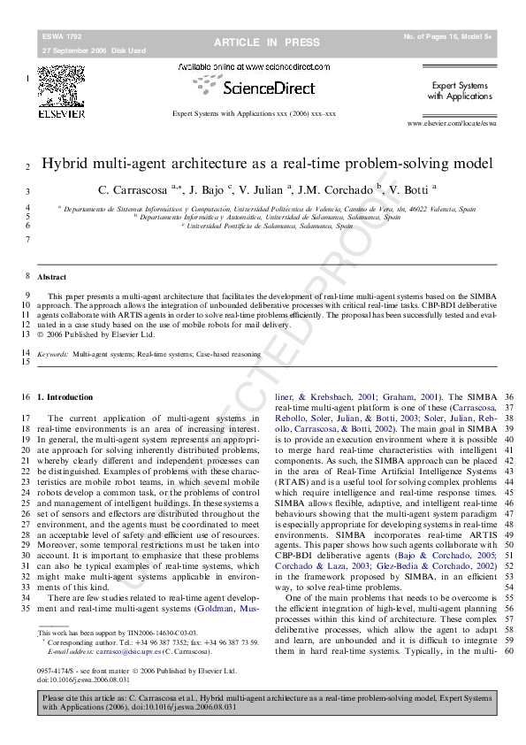 Pdf Hybrid Multi Agent Architecture As A Real Time Problem Solving Model