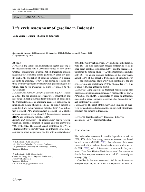 (PDF) Life cycle assessment of gasoline in Indonesia