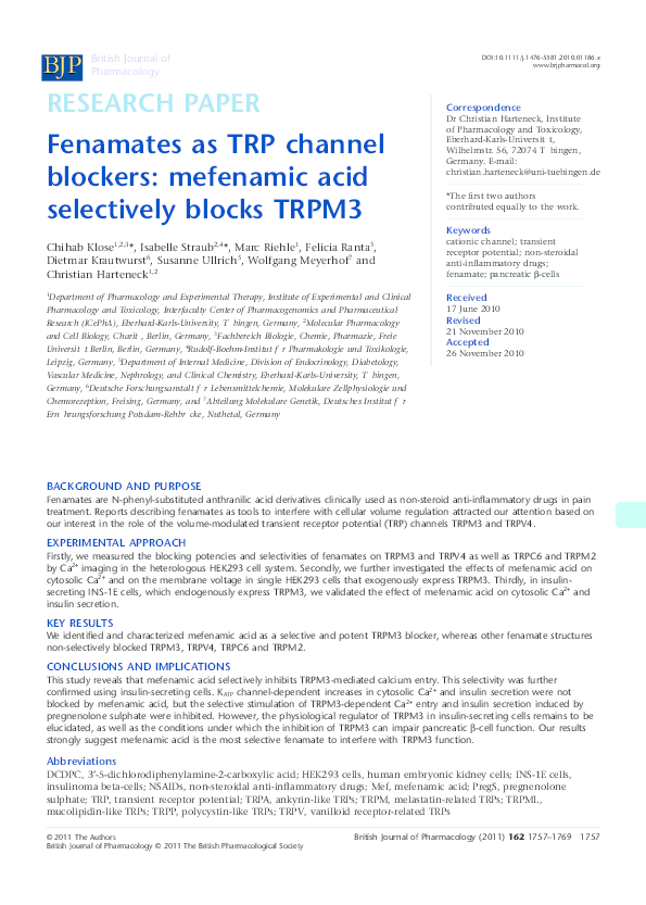 (PDF) Fenamates as TRP channel blockers: mefenamic acid selectively ...