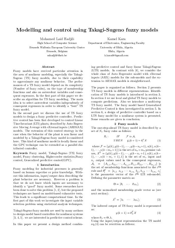 Pdf Modelling And Control Using Takagi Sugeno Fuzzy Models