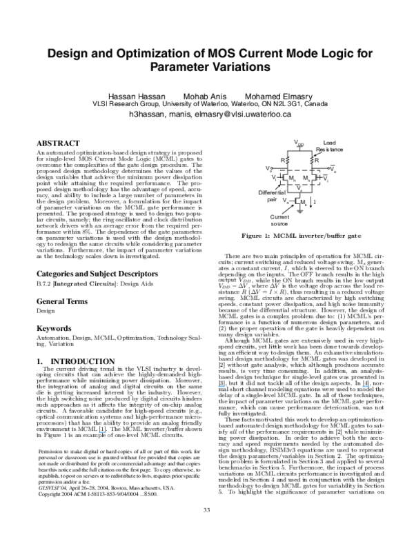 Pdf Design And Optimization Of Mos Current Mode Logic For Parameter Variations