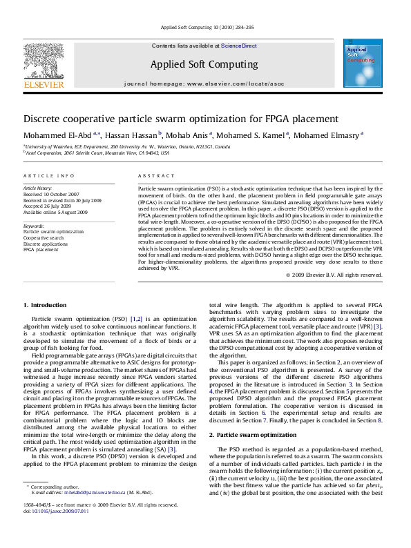 Pdf Discrete Cooperative Particle Swarm Optimization For Fpga Placement