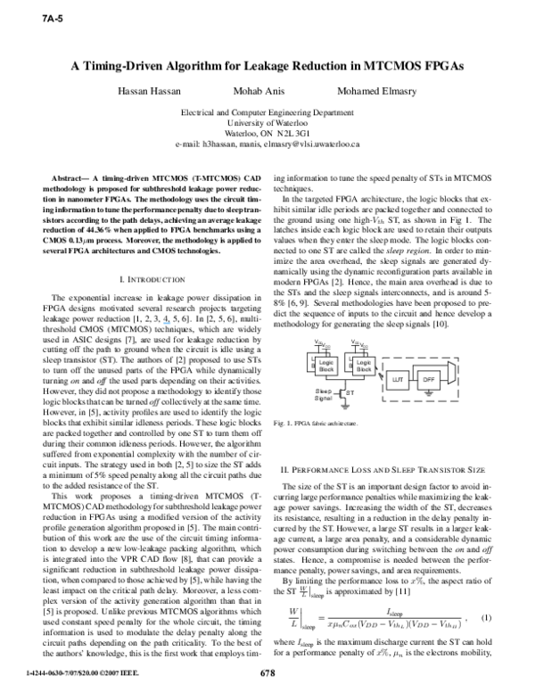 (PDF) A Timing-Driven Algorithm for Leakage Reduction in MTCMOS FPGAs
