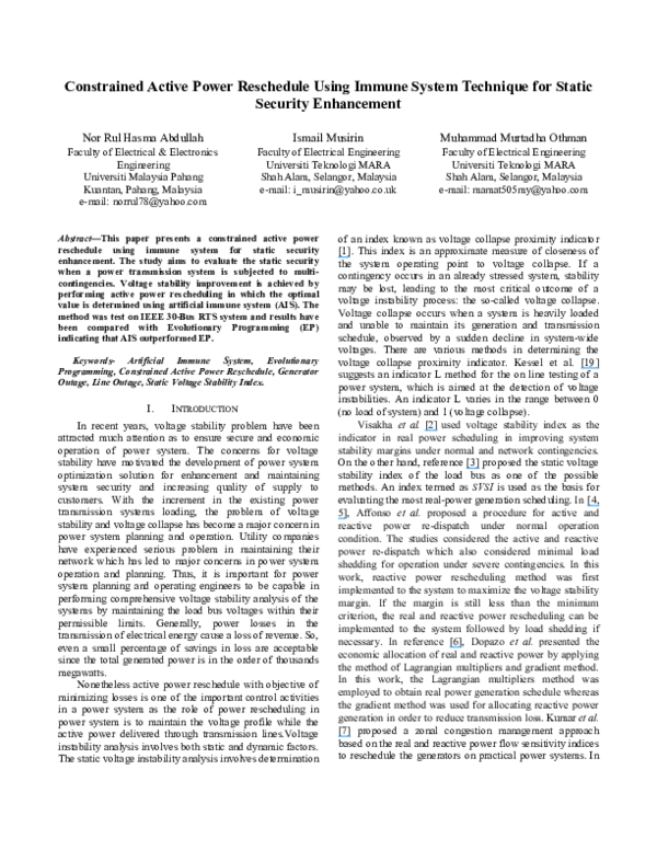 (PDF) Constrained Active Power Reschedule Using Immune System Technique for Static Security ...
