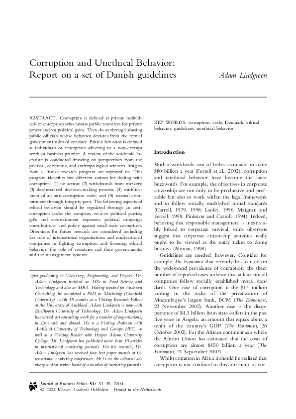 (PDF) Corruption and Unethical Behavior: Report on a Set of Danish ...