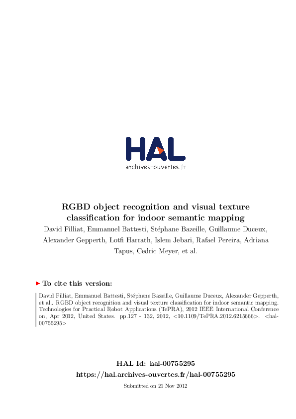 Pdf Rgbd Object Recognition And Visual Texture Classification For Indoor Semantic Mapping