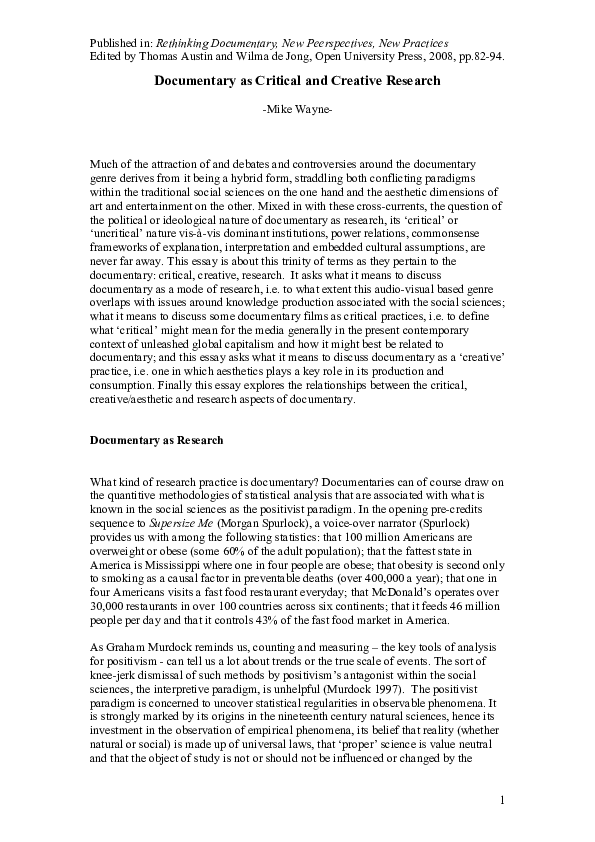 (PDF) Documentary as Critical and Creative Research