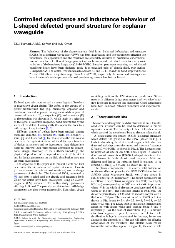 Pdf Controlled Capacitance And Inductance Behaviour Of L Shaped Defected Ground Structure For