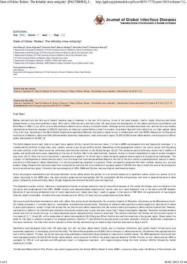 (PDF) State of Globe: Rabies: The lethality since antiquity!