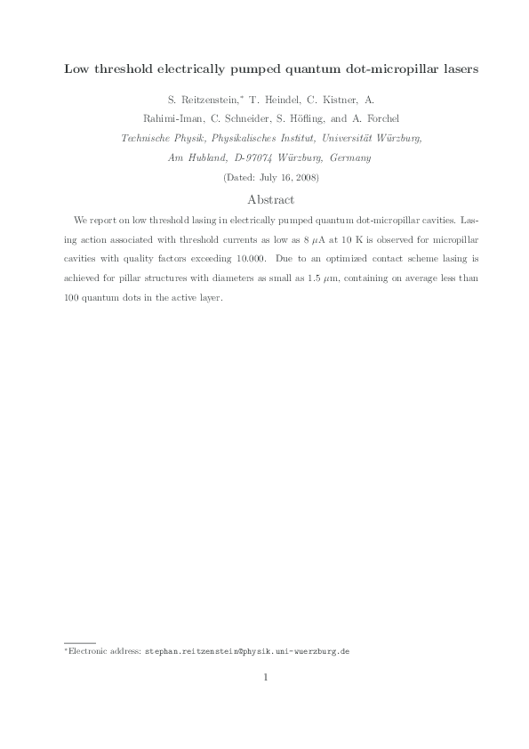 (PDF) Low threshold electrically pumped quantum dot-micropillar lasers