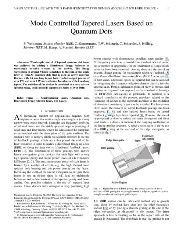 (PDF) Mode-Controlled Tapered Lasers Based on Quantum Dots